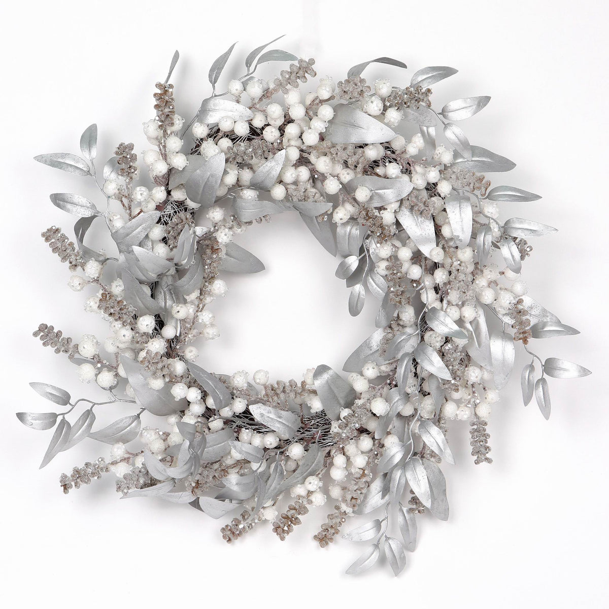 22 Inch Silver Leaves Wreath With White Berry – Season2Season