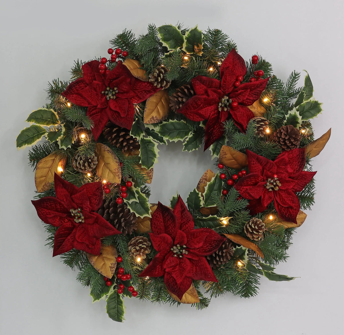 30 Inch Lit Bo Christmas Wreath With Mixed Pine And Poinsettia ...