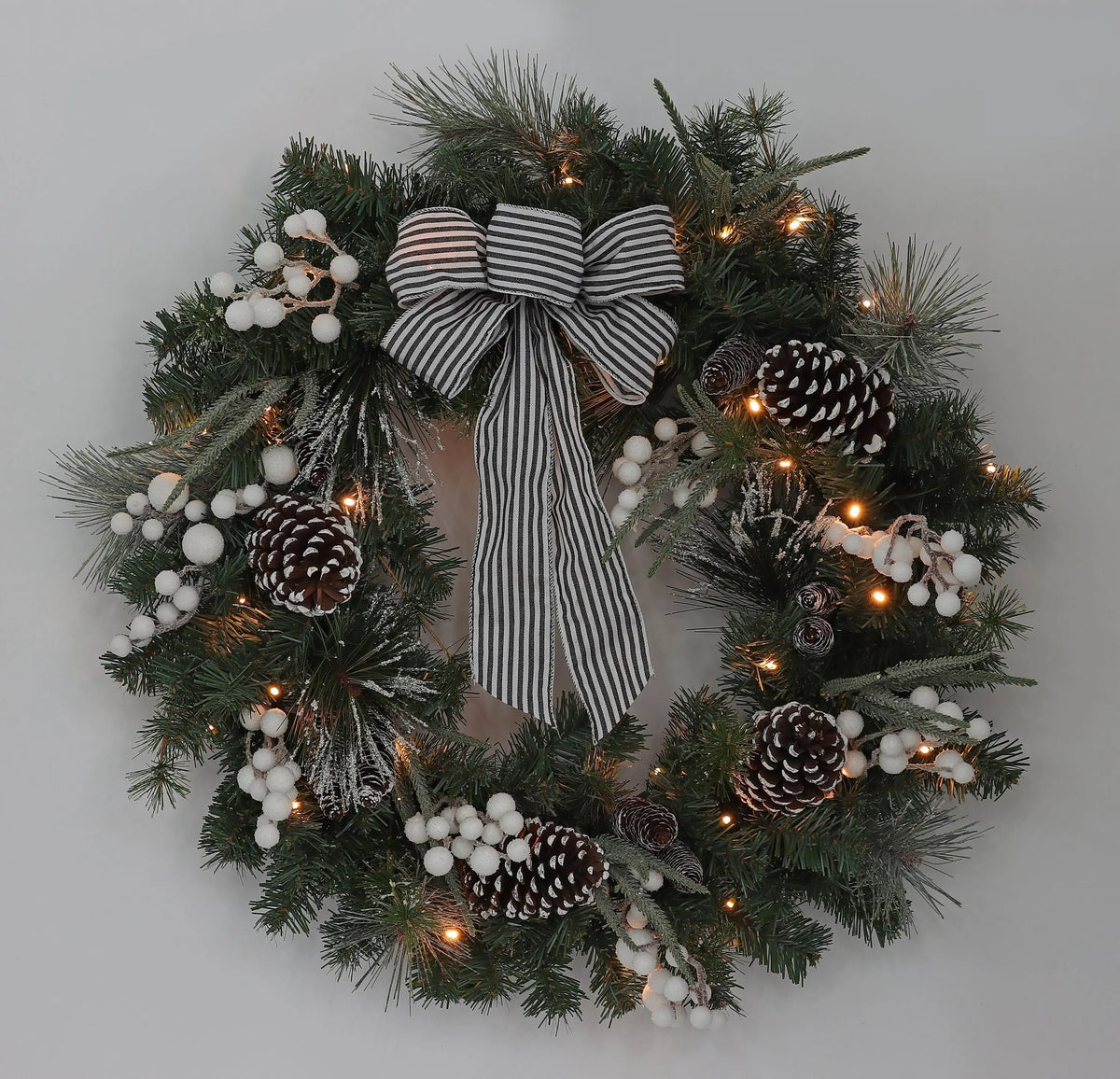 30 Inch Lit Bo Christmas White Berries And Pinecones Wreath With Grey ...