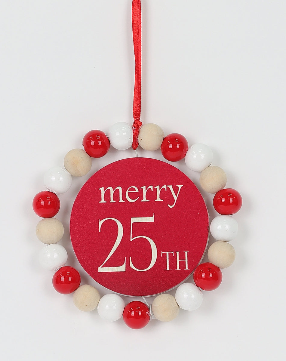 4 X 0.5 X 4"H Wooden Red/White/Nature Beads Mini Wreath Ornament ...